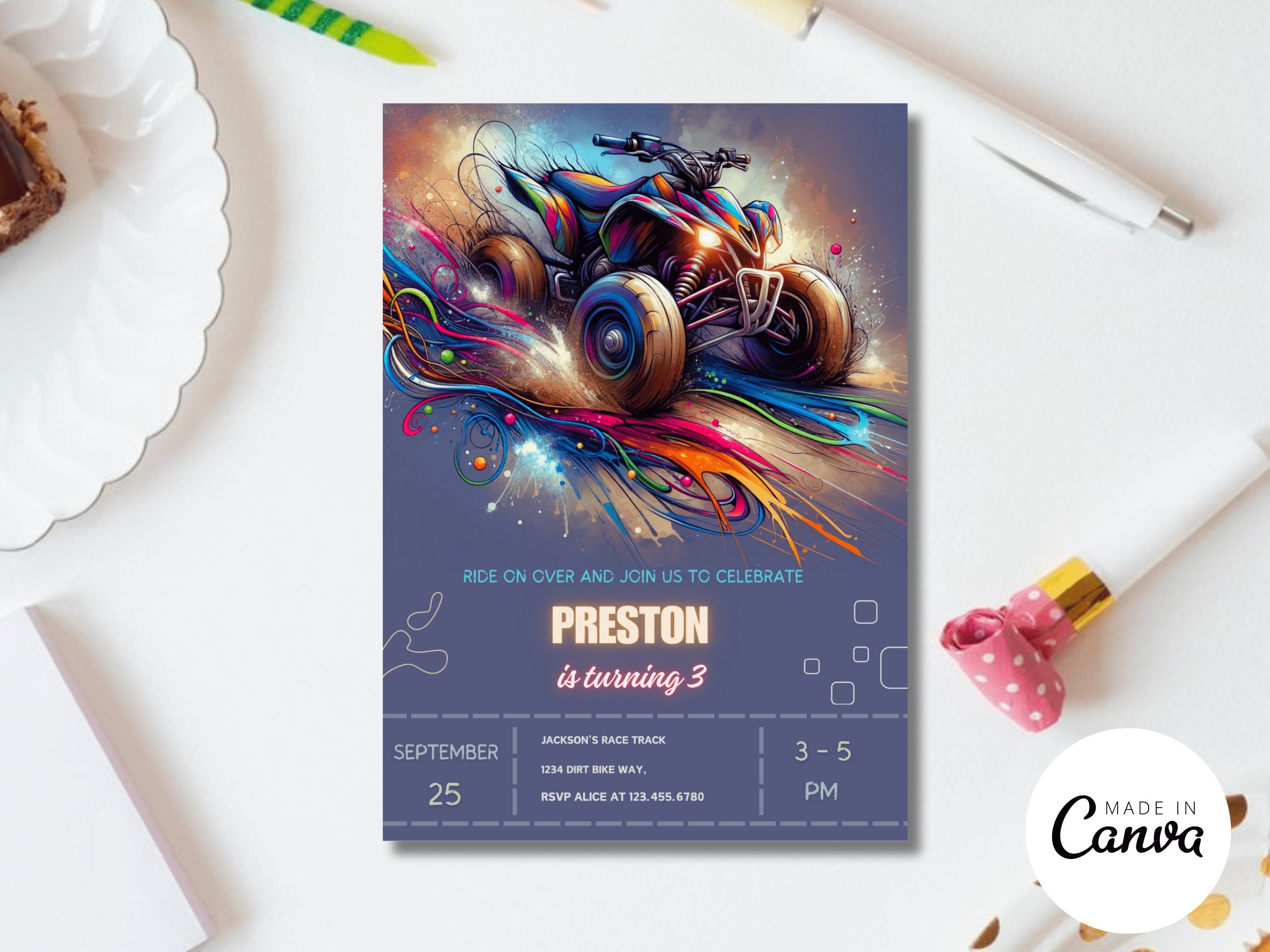 Editable Neon ATV Birthday Invitation 4 Wheeler Invite, Glow ATV ...