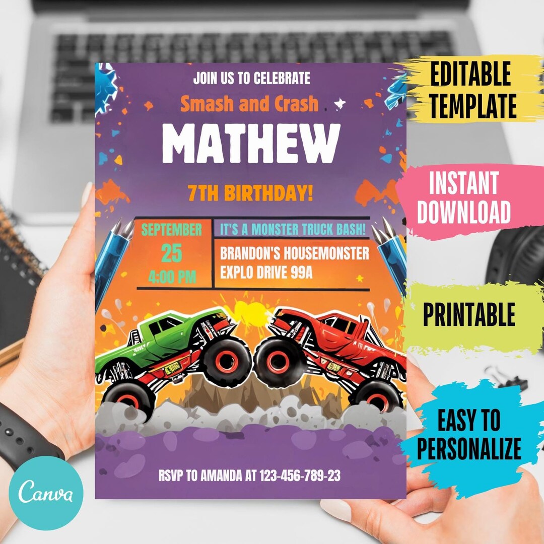 Monster Jam Theme Kids Birthday Invitation, Birthday Jam, Colorful ...