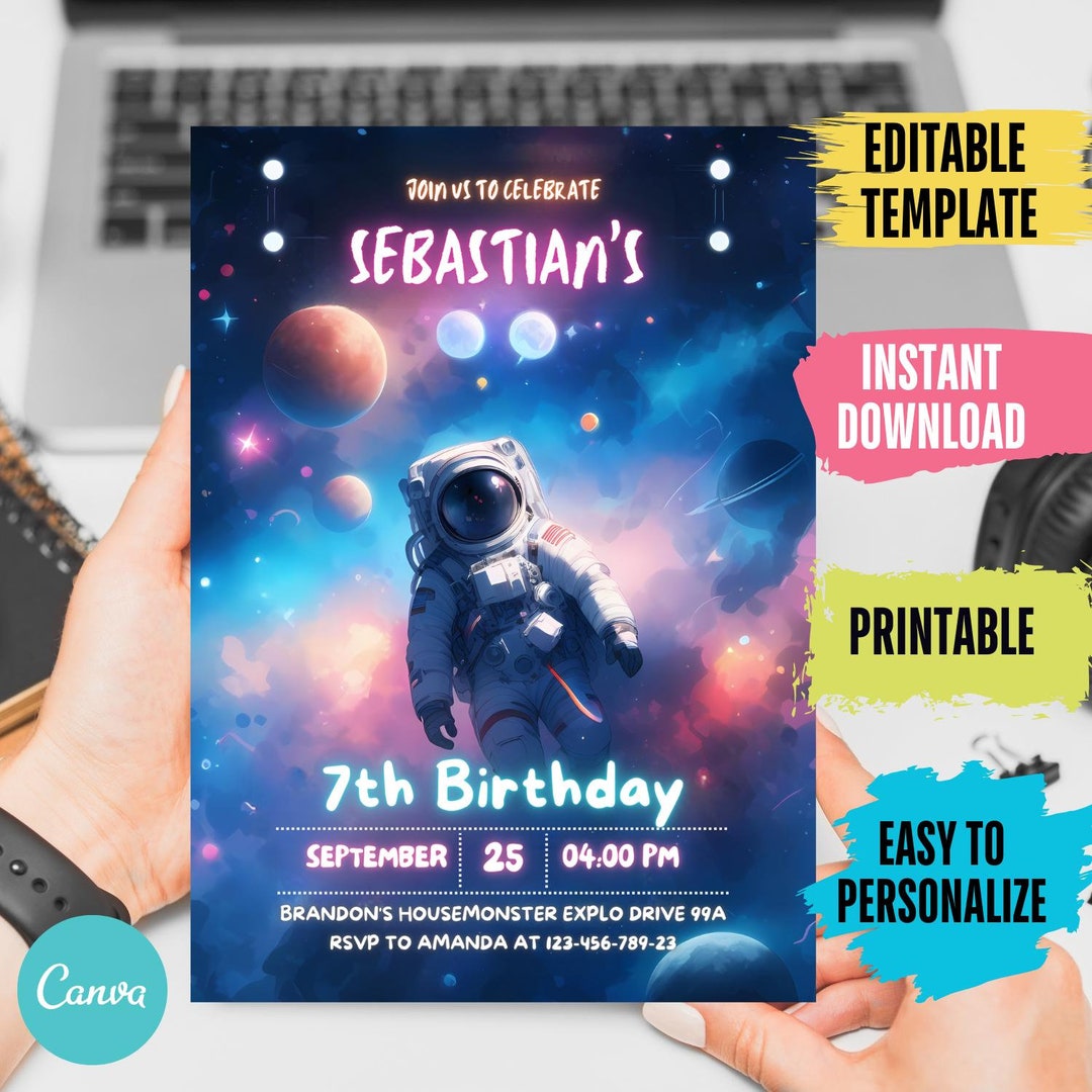 Editable Outer Space Birthday Invitation Outerspace Invite Astronaut ...