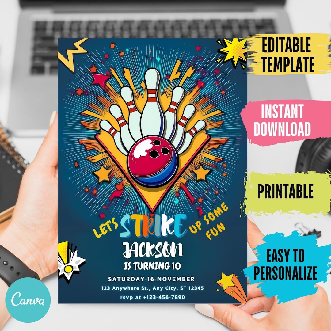 Bowling Birthday Party Invitation Editable Bowling Party Invite Kids ...