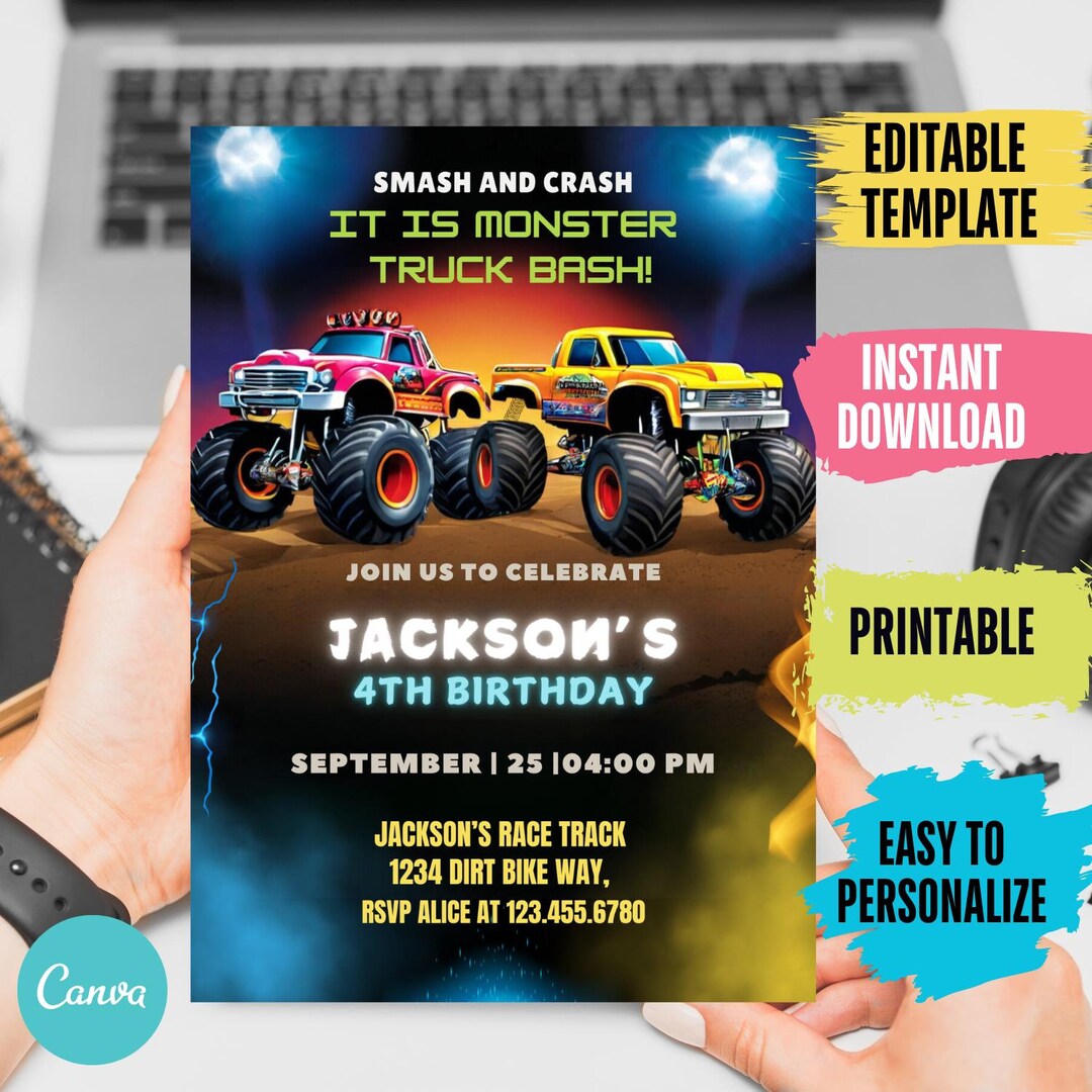 Monster Jam Theme Kids Birthday Invitation, Birthday Jam, Colorful ...