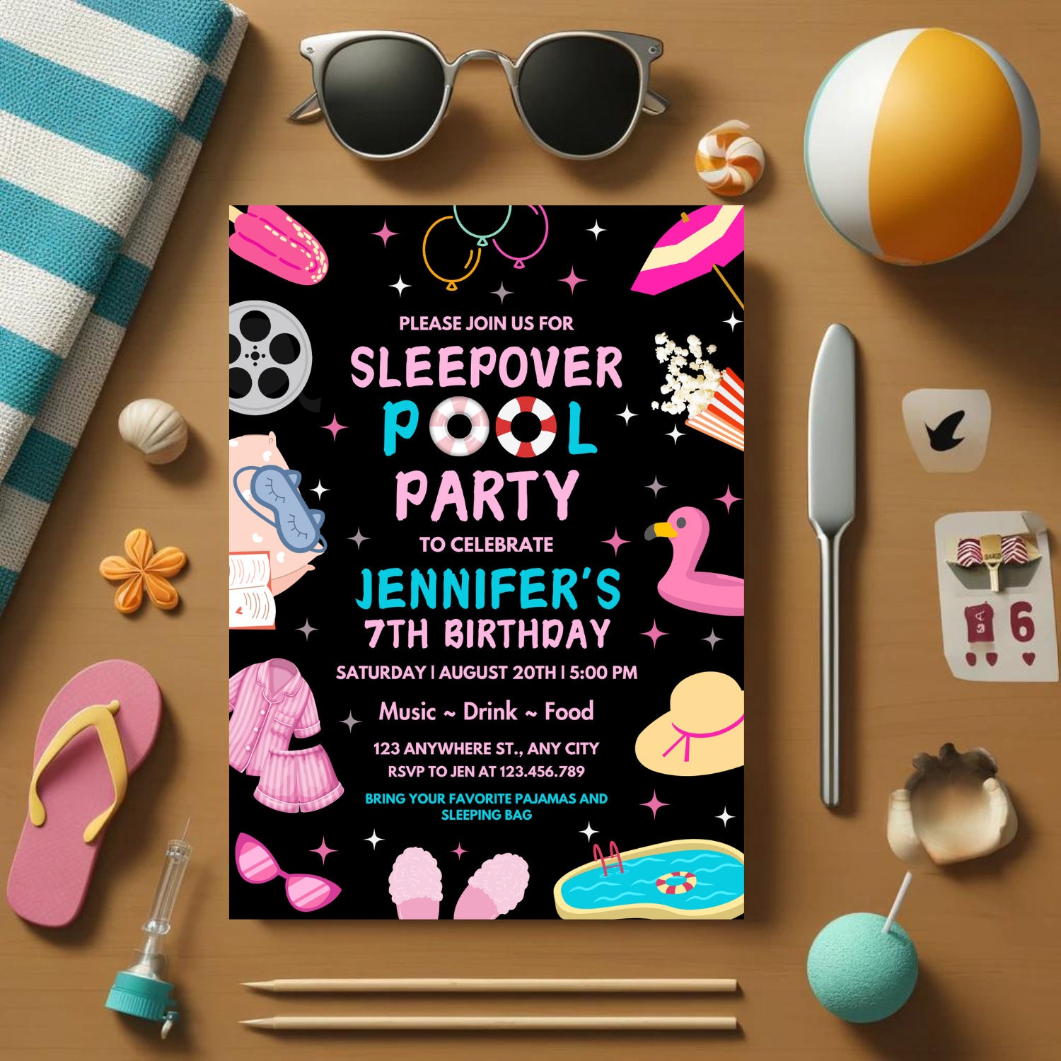 Editable Sleepover Pool Party Invitation, Teen Girl Birthday (digital ...