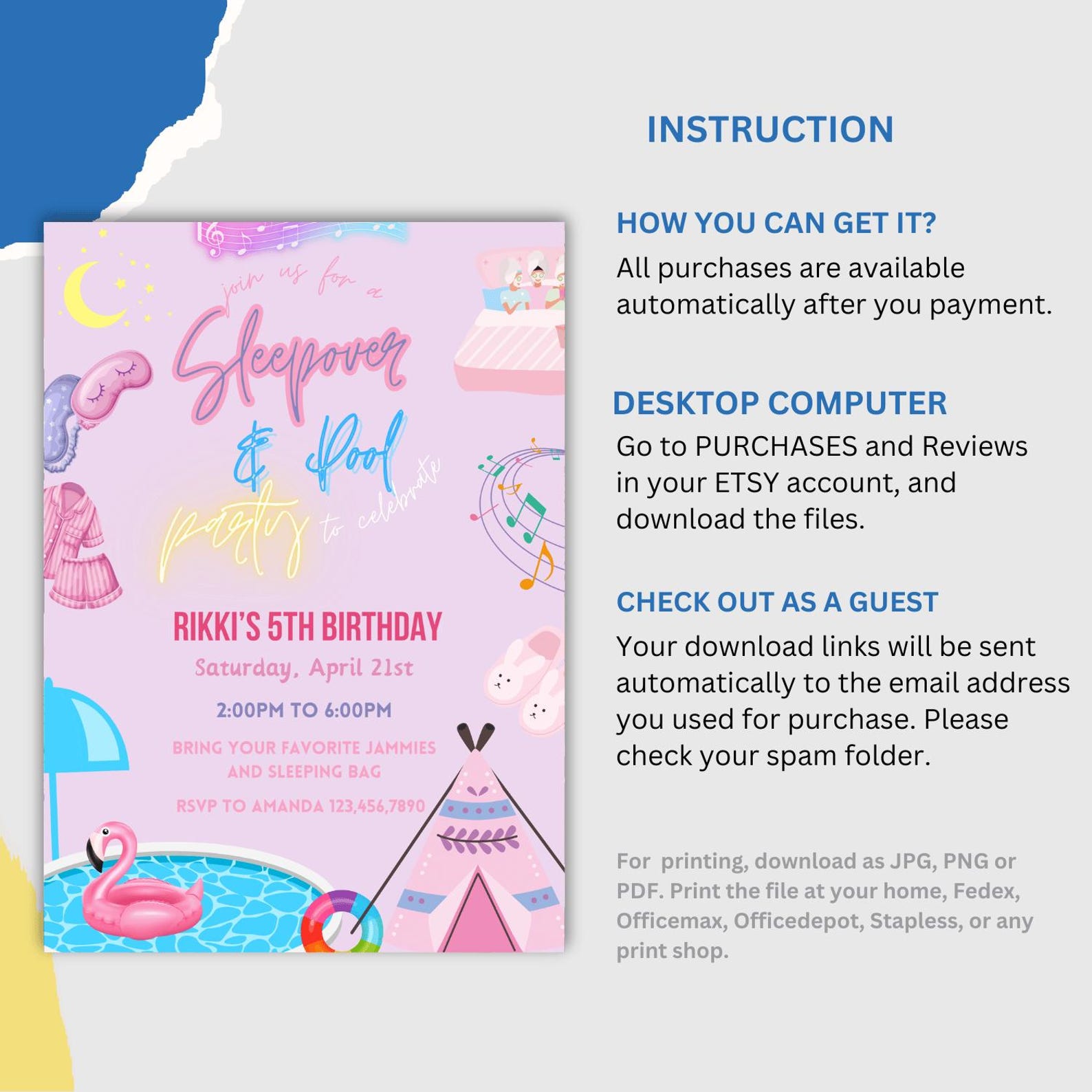 Editable Sleepover Pool Party Invitation Template - Etsy