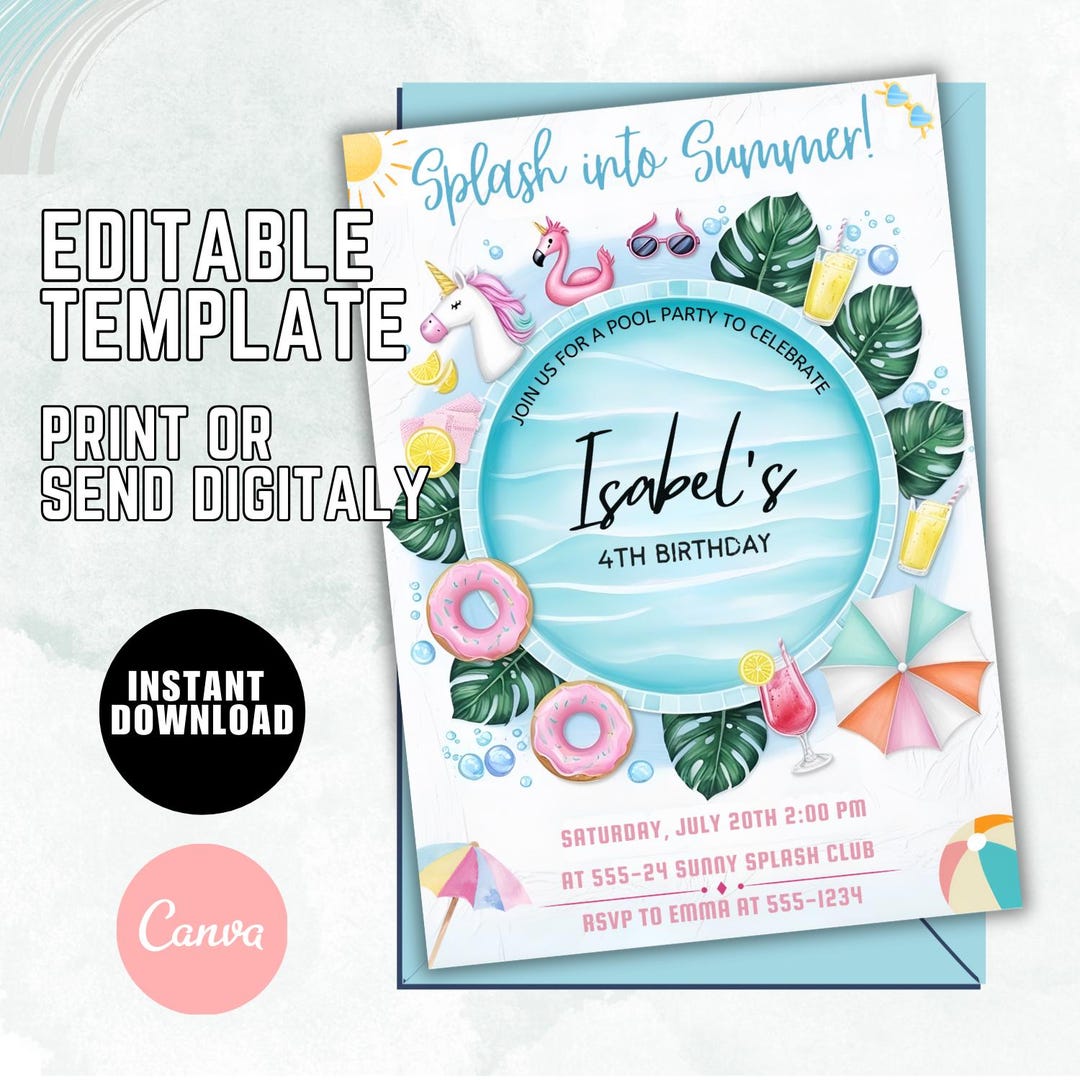 Editable Pool Party Invitation, Girl Pool Birthday Party, Pastel Invite ...
