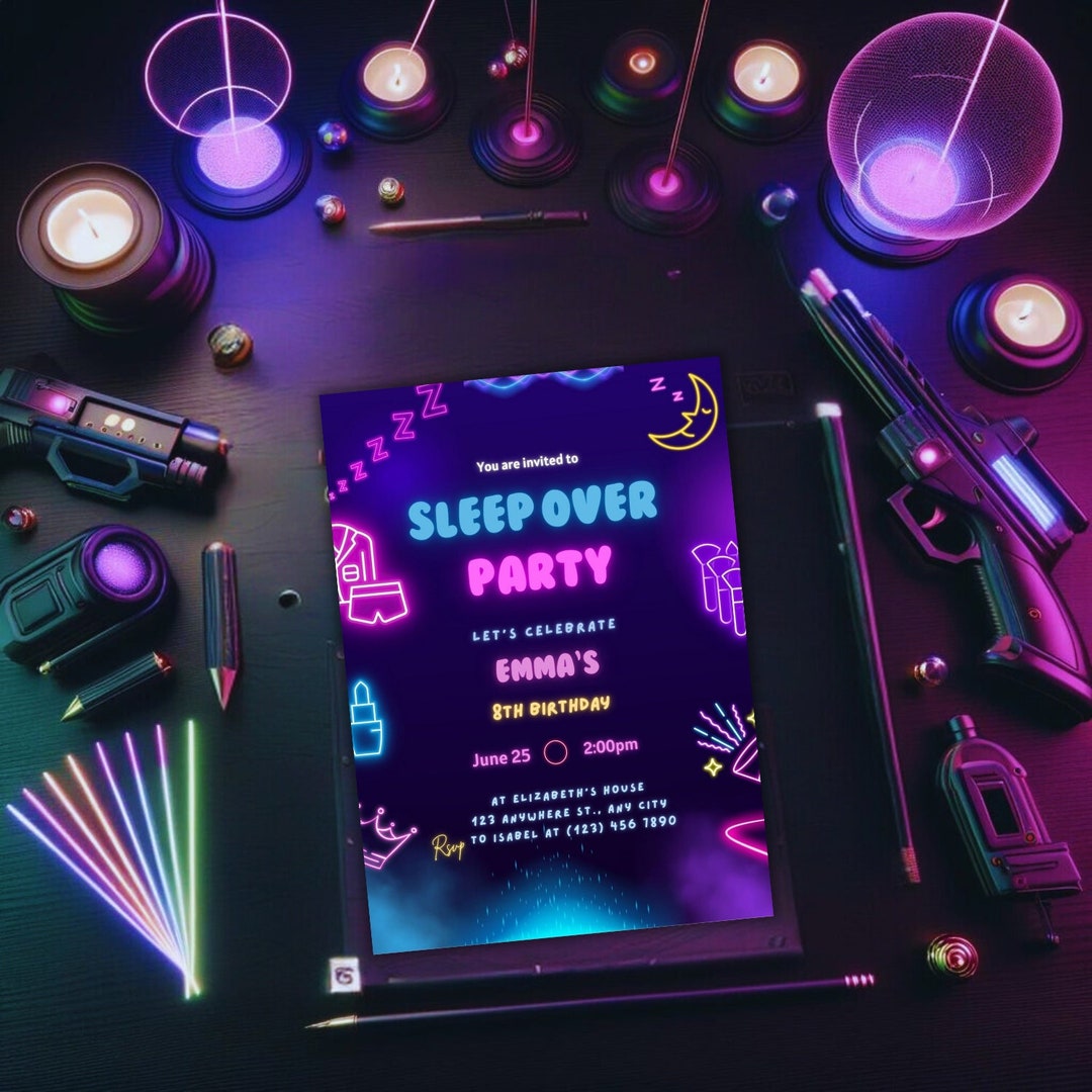 Printable Sleepover Invite, Slumber Party, Pajama Party, Retro Neon ...