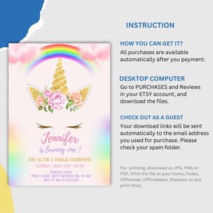 Editable Unicorn Rainbow Birthday Invitation, Unicorn Pink Gold Pastel ...