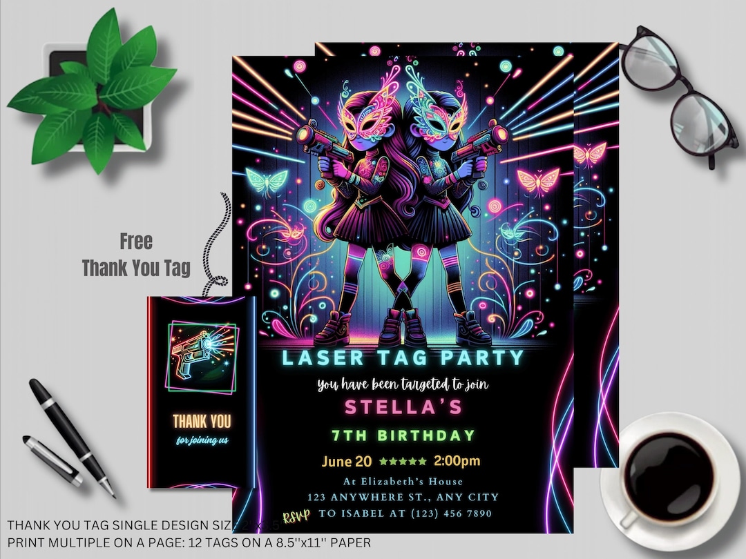Editable Laser Tag Birthday Invitation, Neon Laser Tag Invite, Glow ...