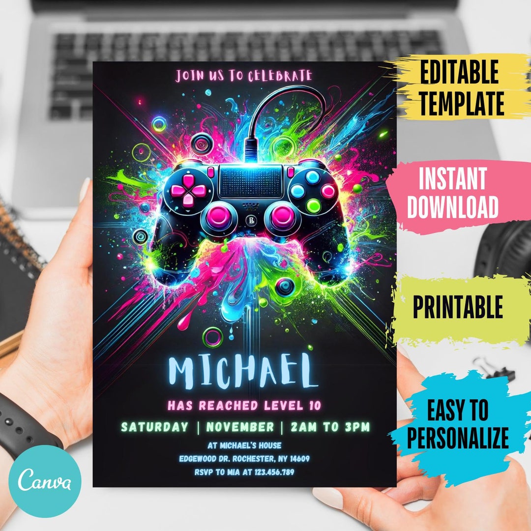 Video Game Birthday Invitation Template, Video Game Invitation Neon ...