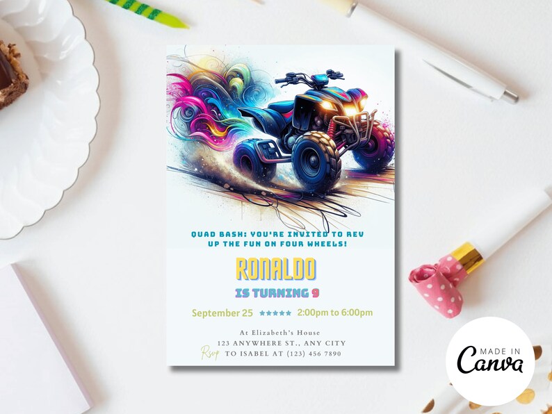 Editable Neon ATV Birthday Invitation 4 Wheeler Invite, Glow ATV ...