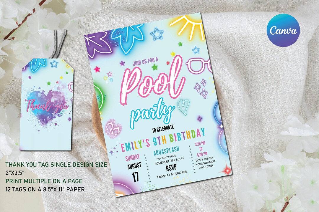 Neon Pool Party Invitation Swim Party Invite Kids Swimming, Pool Party ...