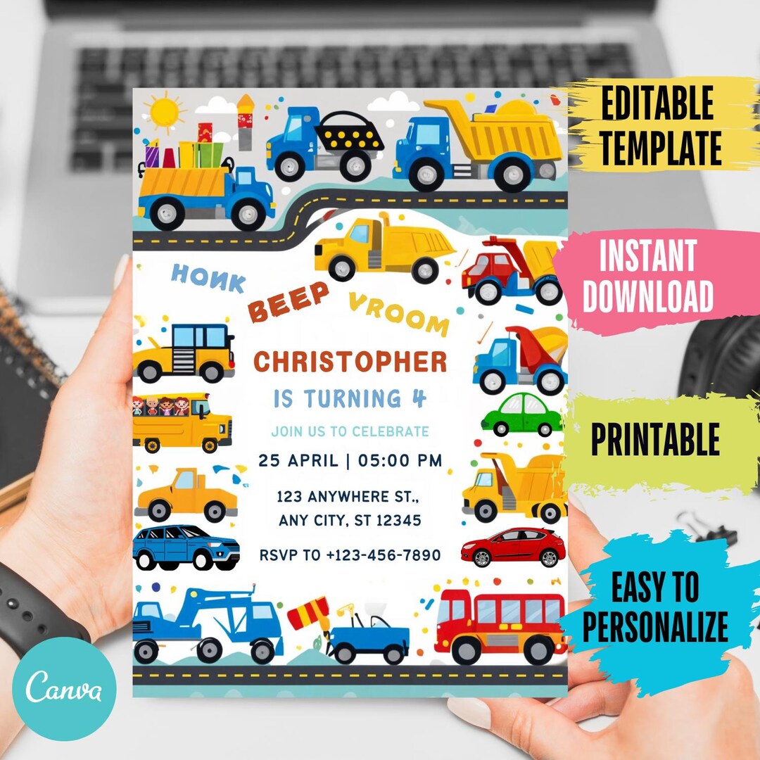 Transportation Birthday Invitation Template, Vehicle Party (digital ...