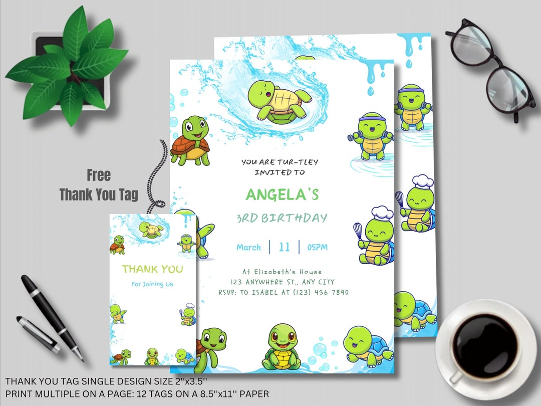 Turtle Birthday Party Invitation Template Digital Download, Green and ...