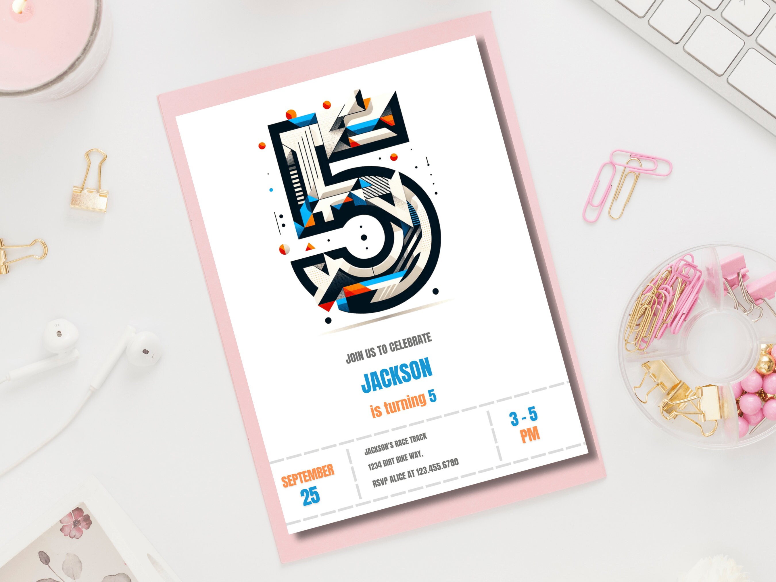 Editable Geometric 5th Birthday Invitation Number 5 Birthday Invite Boy ...