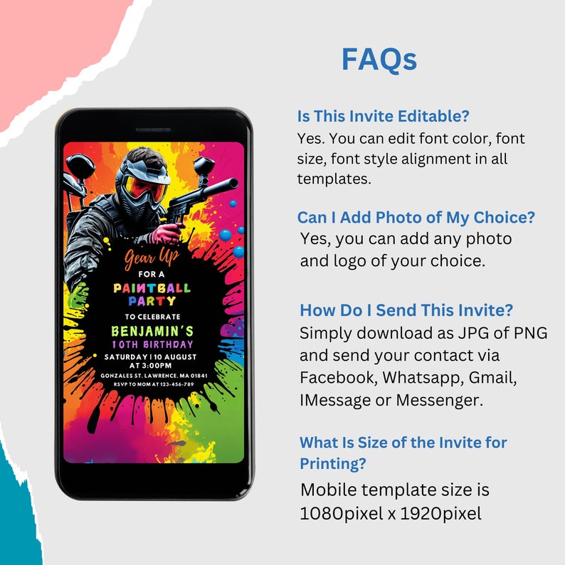 Editable Paintball Birthday Invitation, Mobile SMS Invite (digital ...