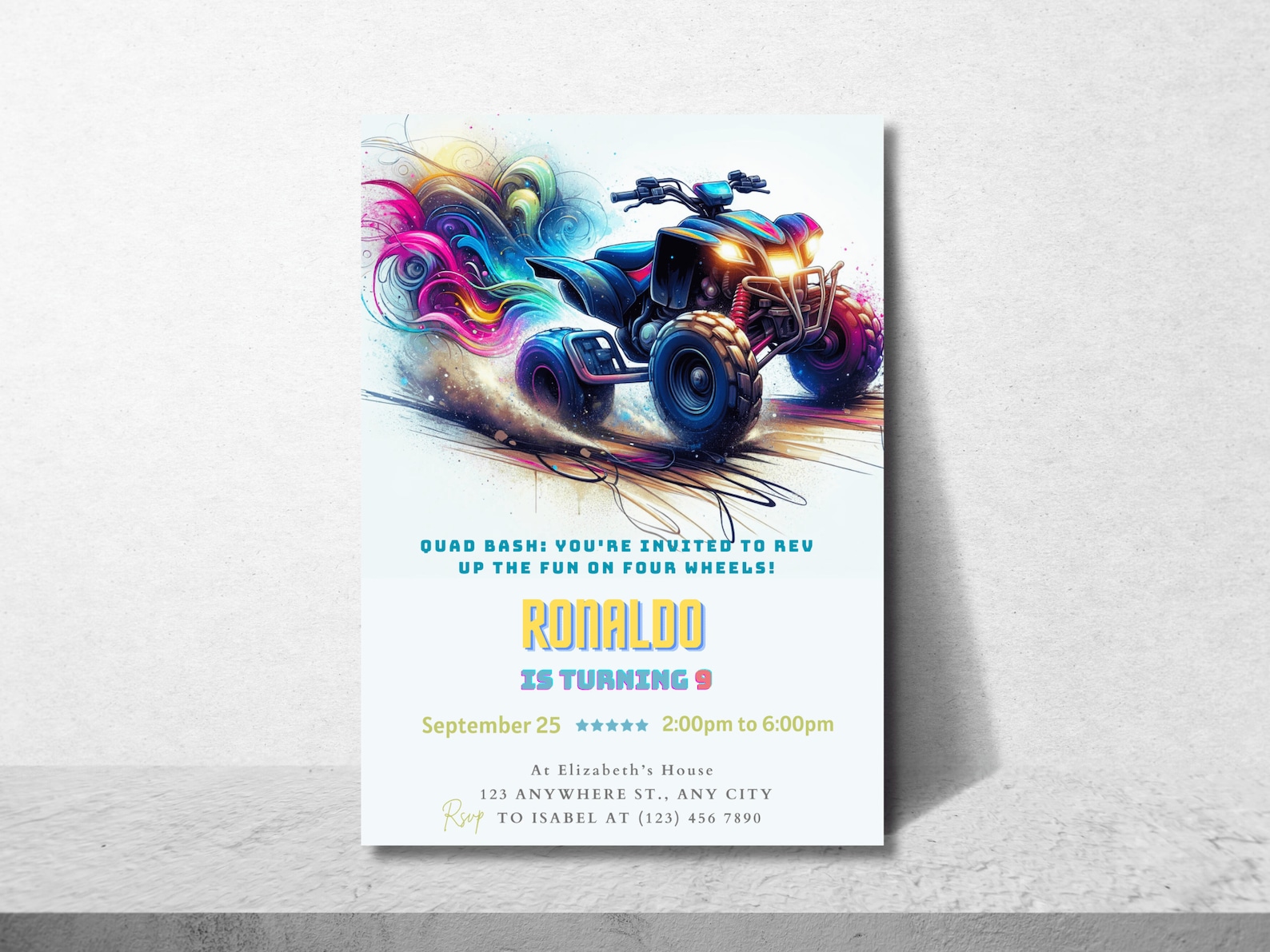 Editable Neon ATV Birthday Invitation 4 Wheeler Invite, Glow ATV ...