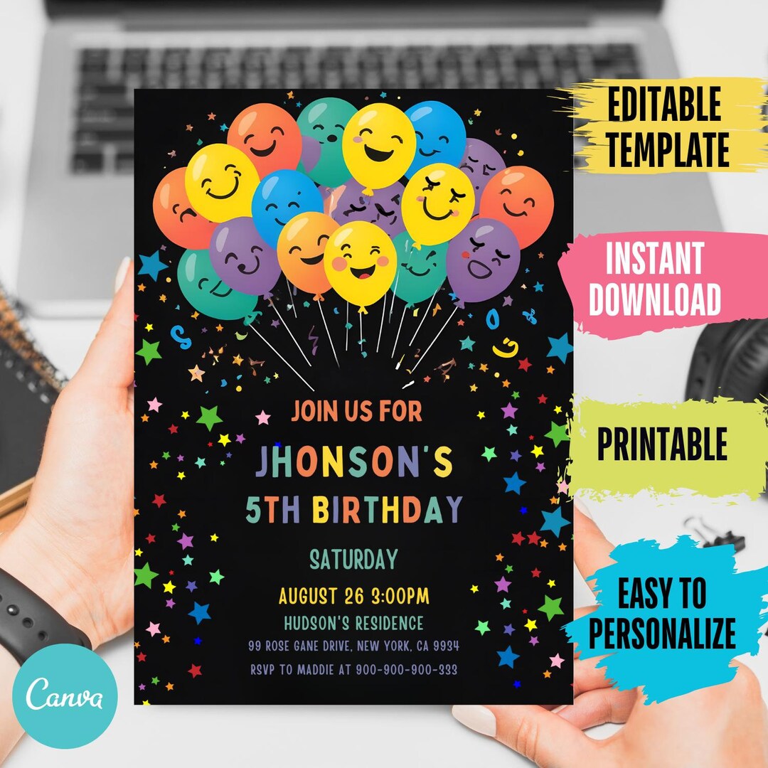 Editable Smiley Invitation, Let's Party Smiley Face Birthday Invitation ...