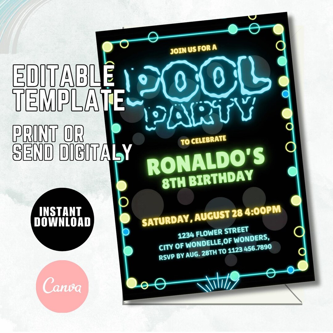 Editable Pool Party Invitation, Neon Pool Party Invite, Pool Party Glow ...