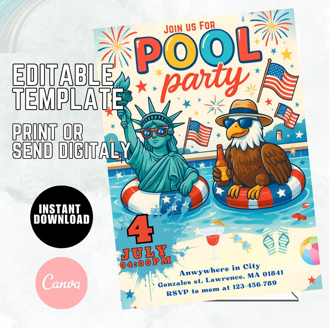 4th of July Pool Party Invitation, Independence Day Pool Party Patriotic Invite Editable ...