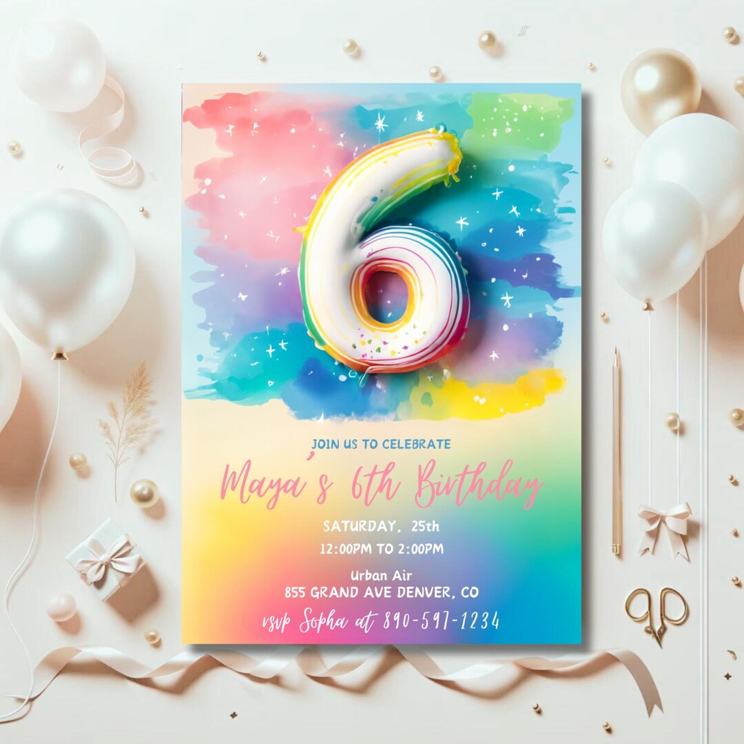 Editable 6th Birthday Invitation, 6th Pastel Rainbow Birthday ...