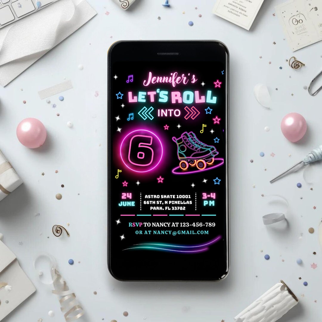 Mobile Skate Birthday Invitation, Retro Neon Lights (canva Template) - Etsy