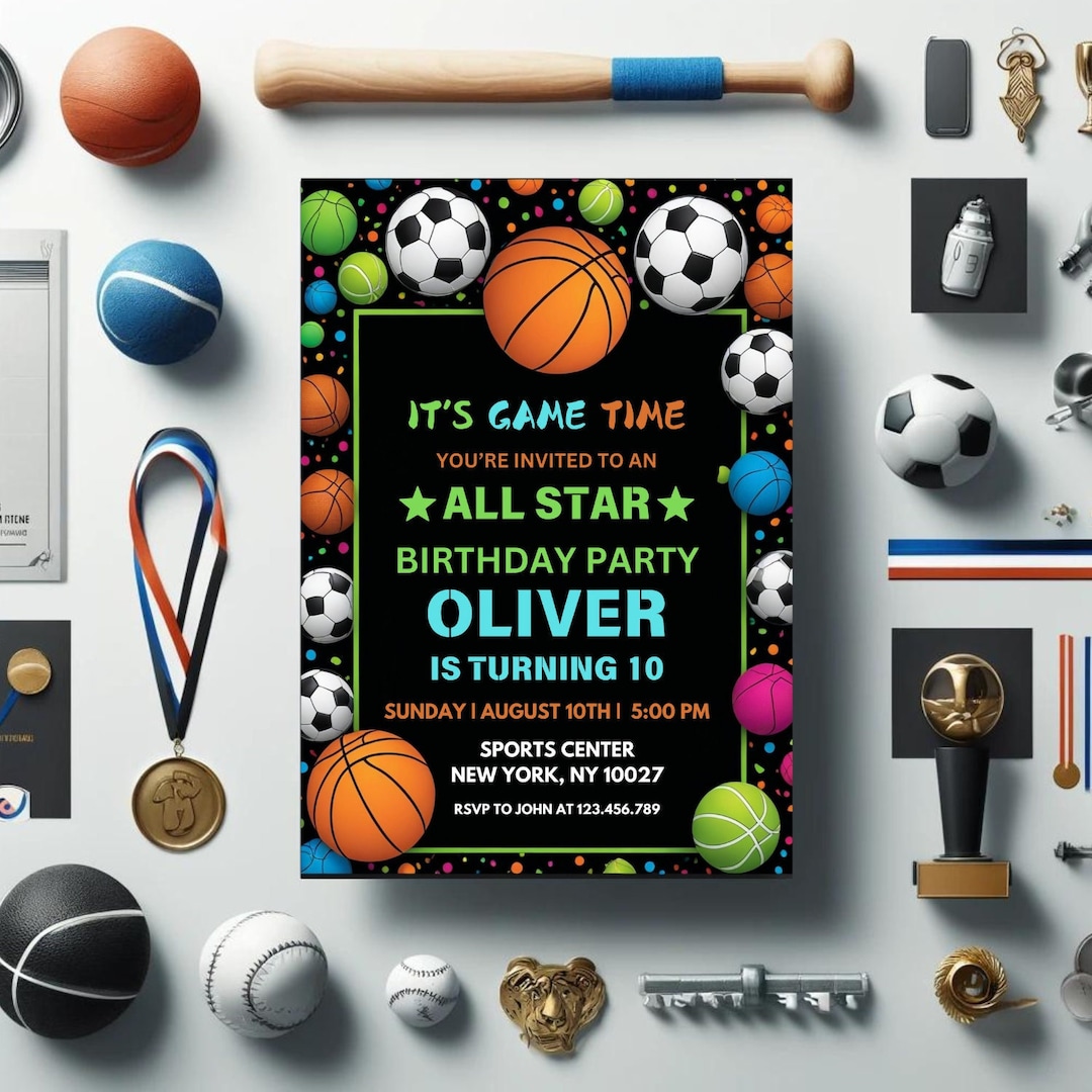 All Star Sports Birthday Invitation, Sports Game Party Invite, Football ...
