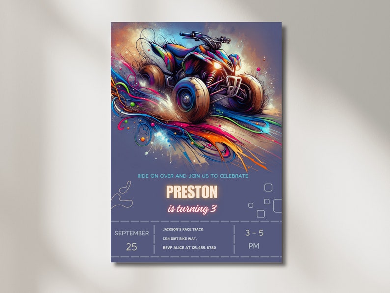 Editable Neon ATV Birthday Invitation 4 Wheeler Invite, Glow ATV ...