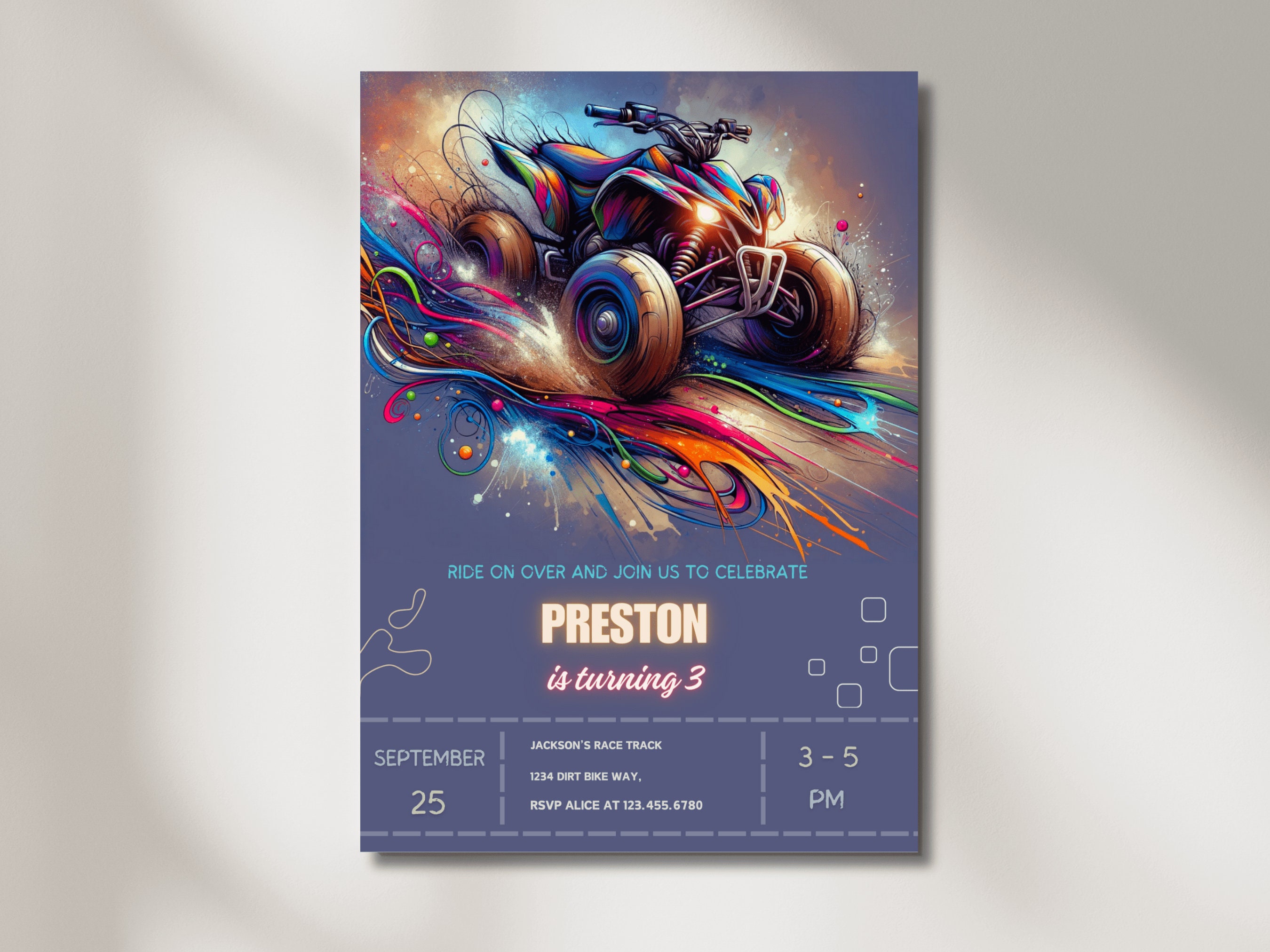 Editable Neon ATV Birthday Invitation 4 Wheeler Invite, Glow ATV ...