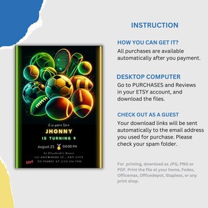 Sport Birthday Printable Invitation, Neon Sport Invitation, Sport ...