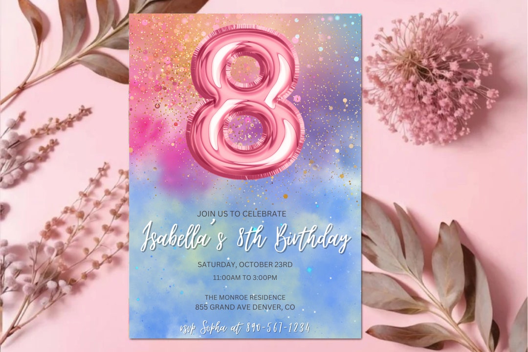 Editable 8th Birthday Invitation Template Rainbow Glitter Birthday ...