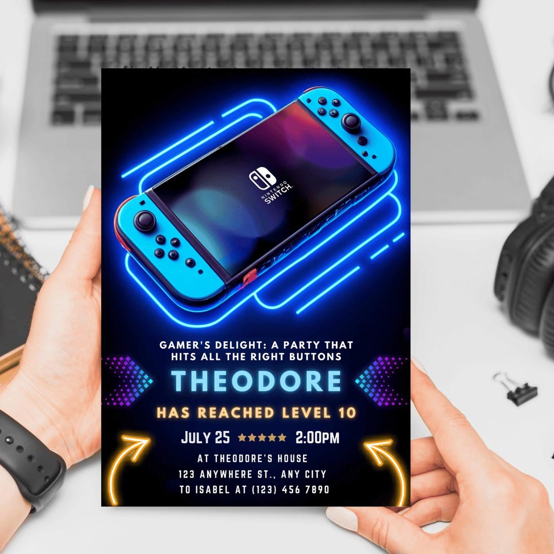 Neon Video Game Birthday Invitation, Editable Video Game Nintendo ...
