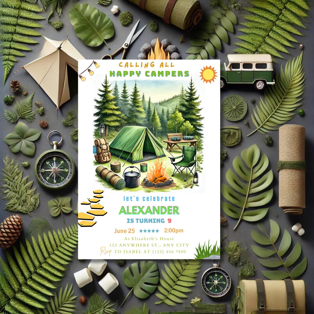 Editable Glamping Party Invitation Camp Out Birthday Invite Bonfire ...