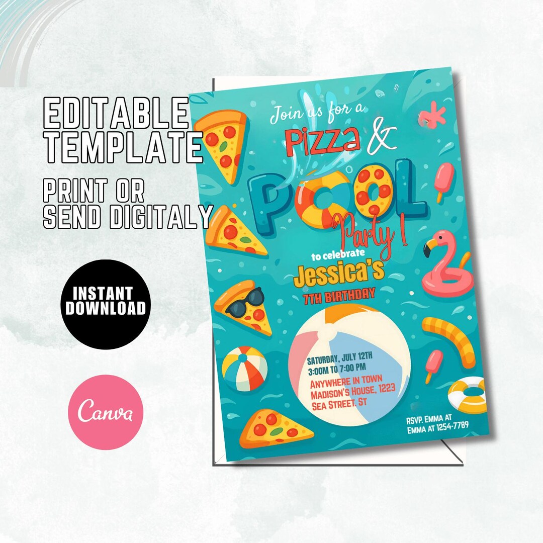 Pizza Pool Party Invitation, Editable Birthday Invite (digital Download ...