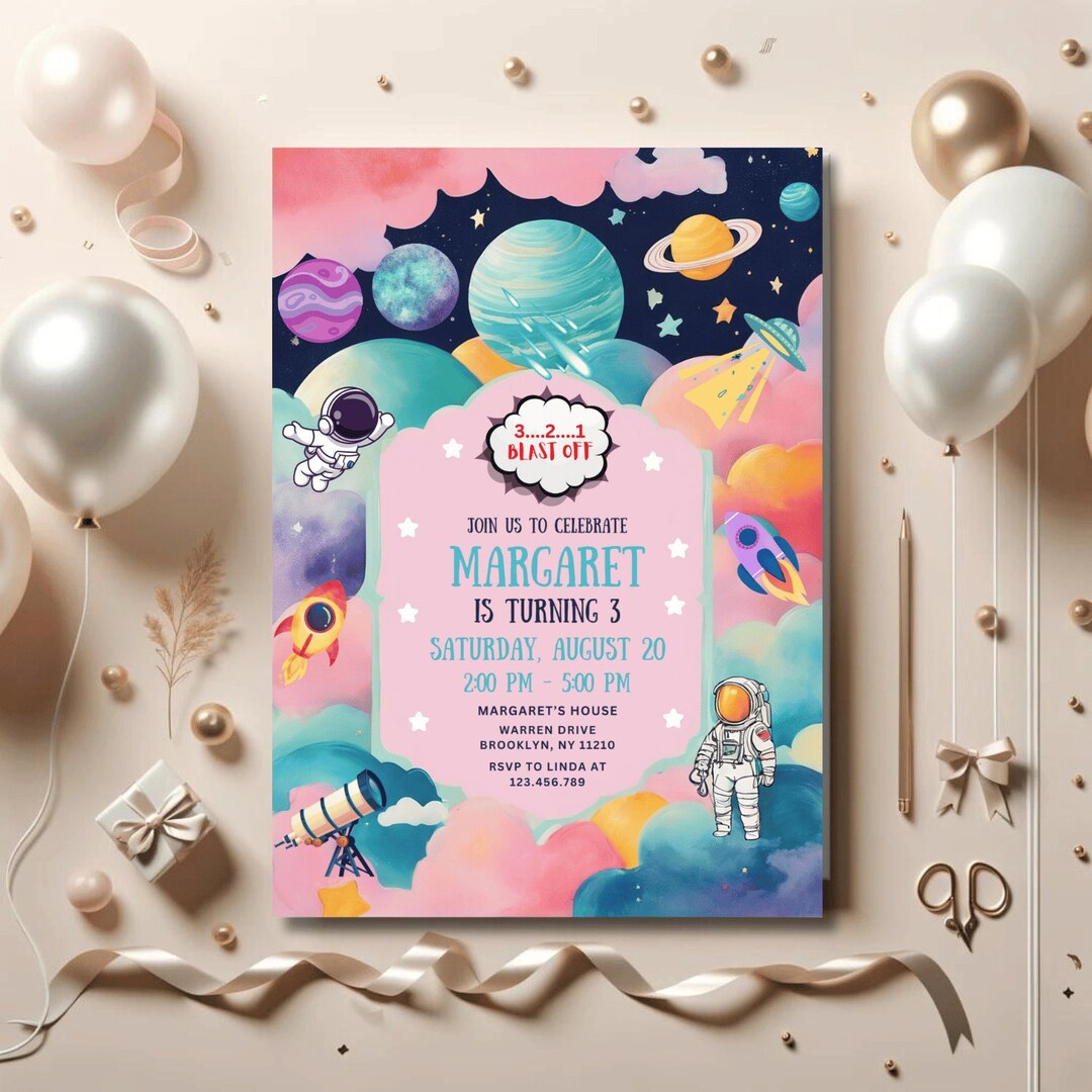 Editable Space Birthday Invitation, Rocket Ship and Planets Theme ...