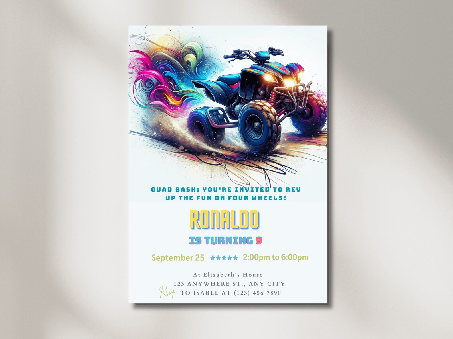 Editable Neon ATV Birthday Invitation 4 Wheeler Invite, Glow ATV ...