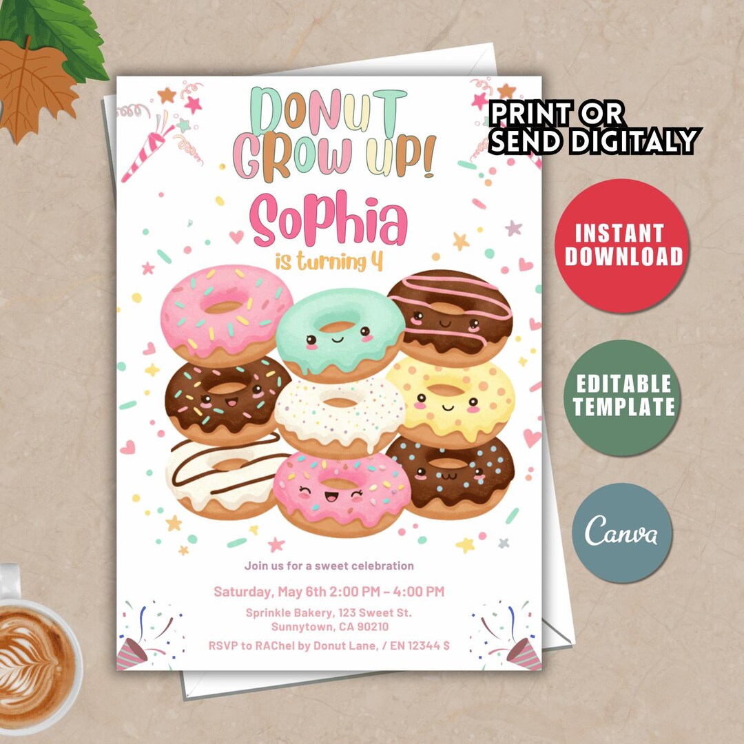 EDITABLE Donut Grow up Birthday Invitation, Donut Grown up Invite Donut ...