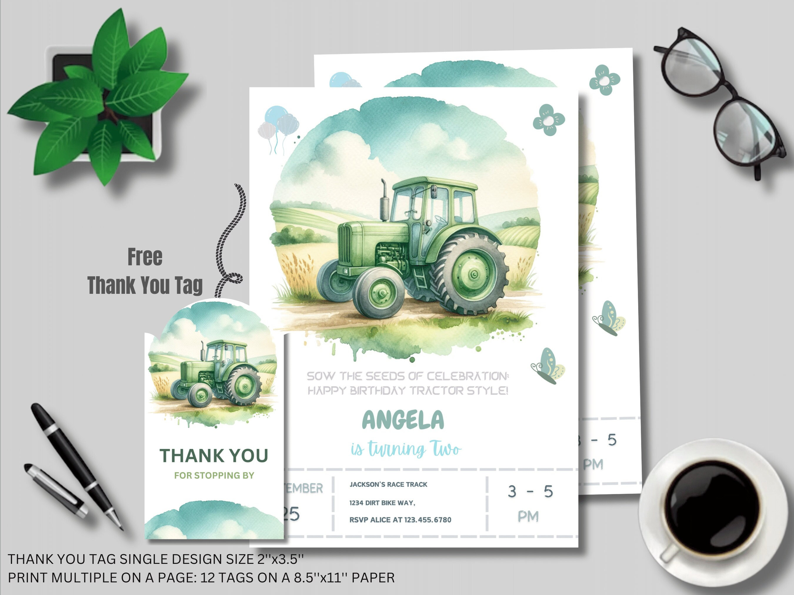 Editable Tractor Birthday Invitation, Green Tractor Invitation, Tractor ...