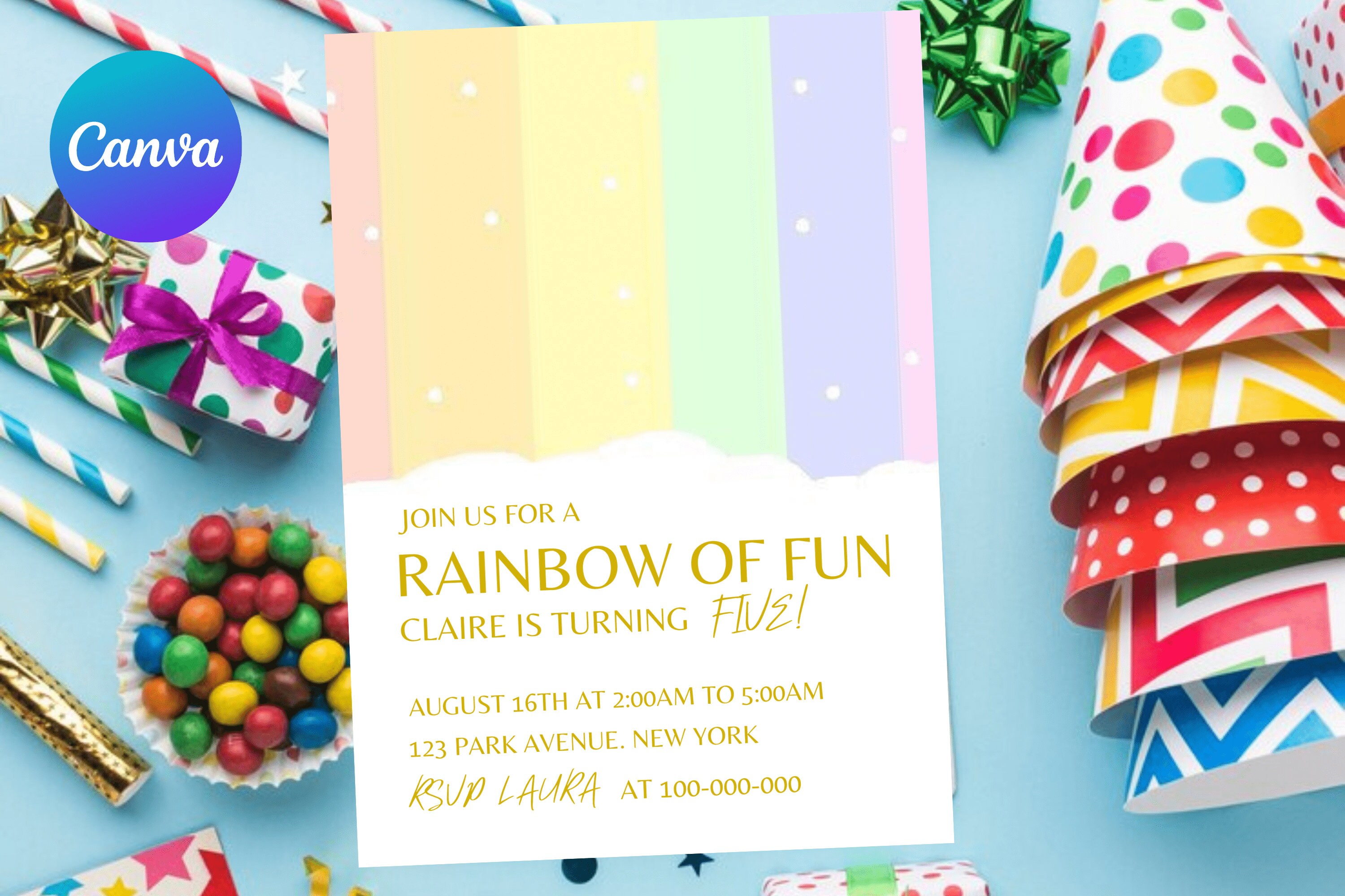 Editable Rainbow Birthday Invitation Girls Rainbow Party Rainbow ...