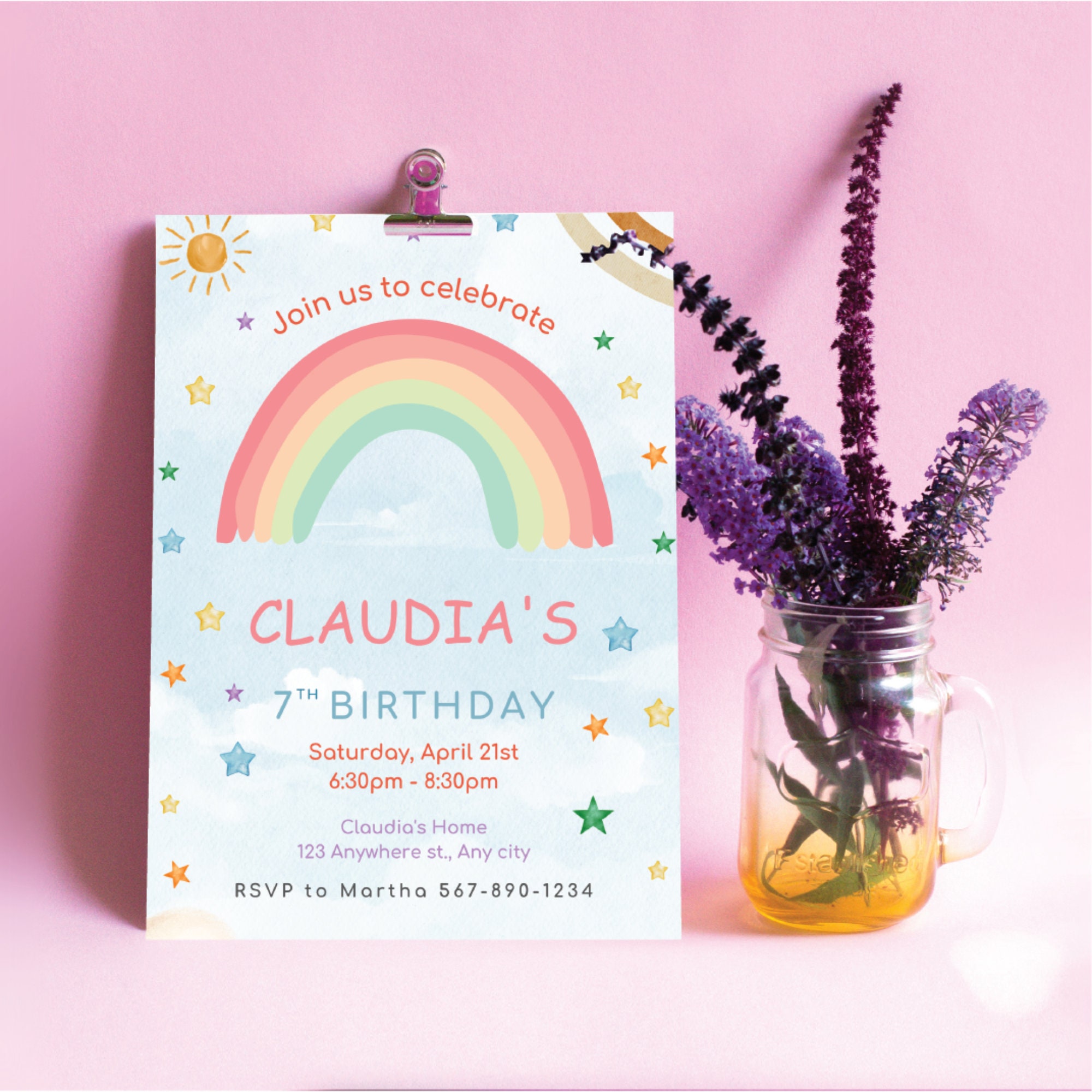 Rainbow Birthday Invitation Colorful Pastel Rainbow Party Invite ...