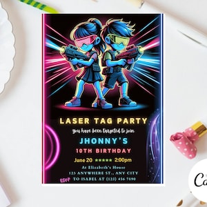 Laser Tag Invitation, Laser Tag Birthday Party Invitation, Neon Glow ...