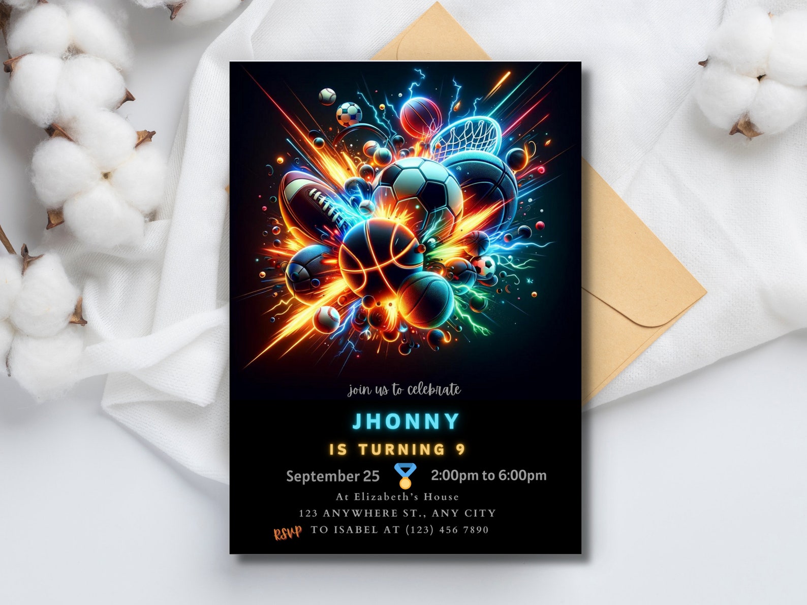 Editable Sports Invitation, Neon Sports Invites, Sports Flyer, Sport ...