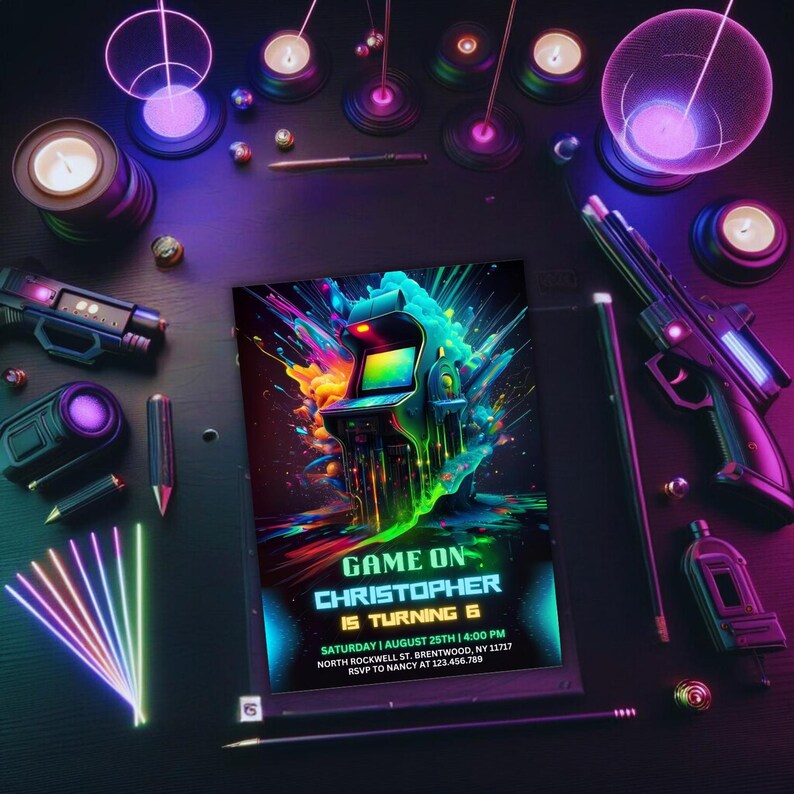Editable Neon Arcade Birthday Invitation, Boy Game Party (digital ...