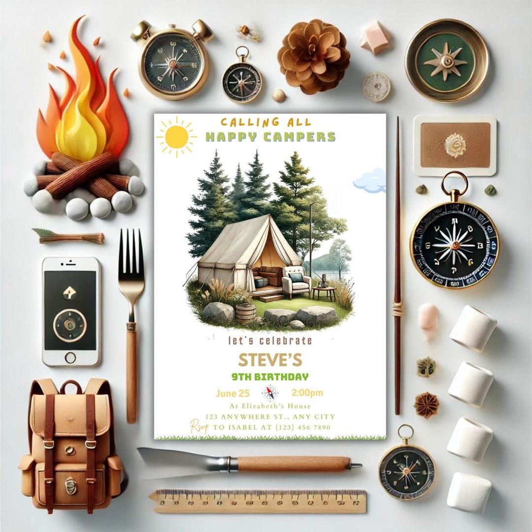Camping Birthday Invitation Template, Camping Party Invitation, Campout ...