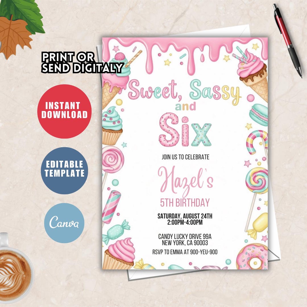 Sweet Sassy Six Birthday Invitation, Pastel Candy Theme (canva Editable ...