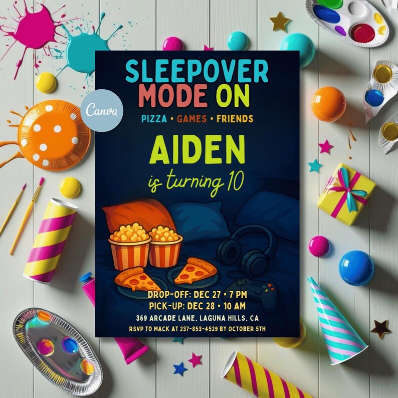 Editable Sleepover Invitation, Boys Gaming Birthday Party Invite, Pizza ...