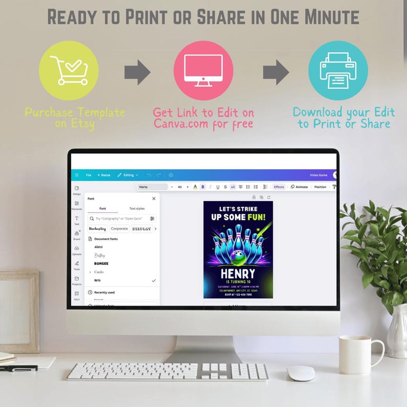 Neon Bowling Birthday Invitation, Editable Glow Party Invite (digital ...