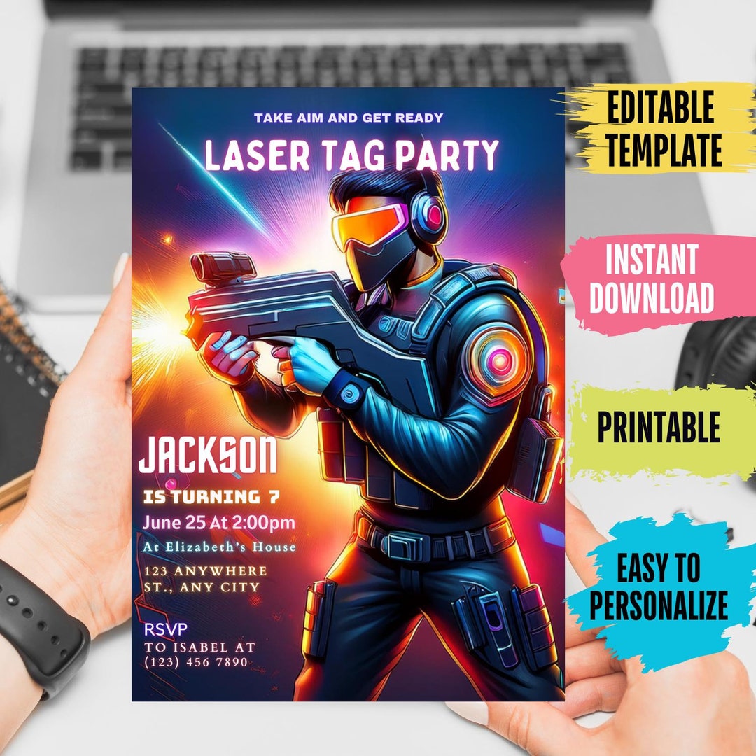 EDITABLE Laser Tag Birthday Invitation, Neon Glow Laser Tag Birthday ...