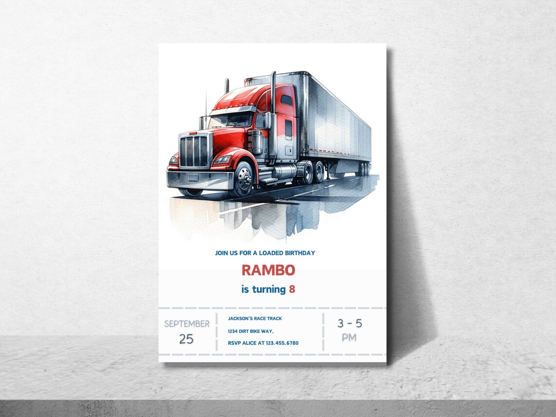 Red Truck Birthday Invitation, Editable Semi Truck Invite (digital) - Etsy