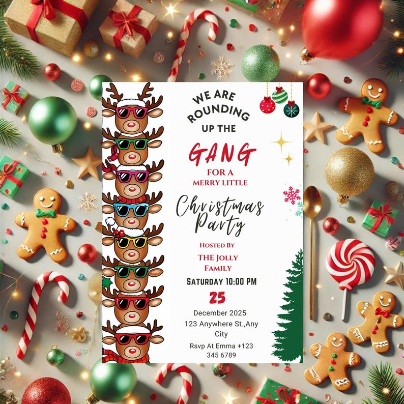 Editable Reindeer Christmas Party Invitation, We're Rounding up the ...