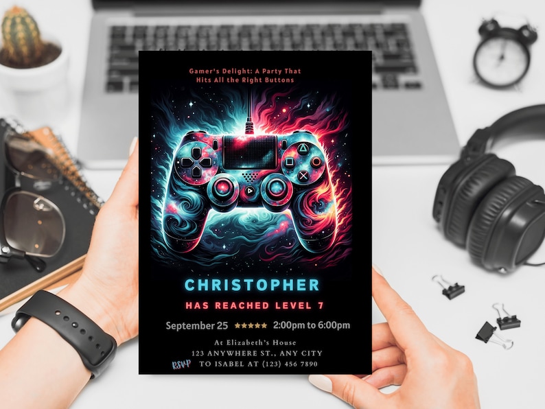 Editable Video Game Birthday Invitation, Neon Gamer Party (digital ...