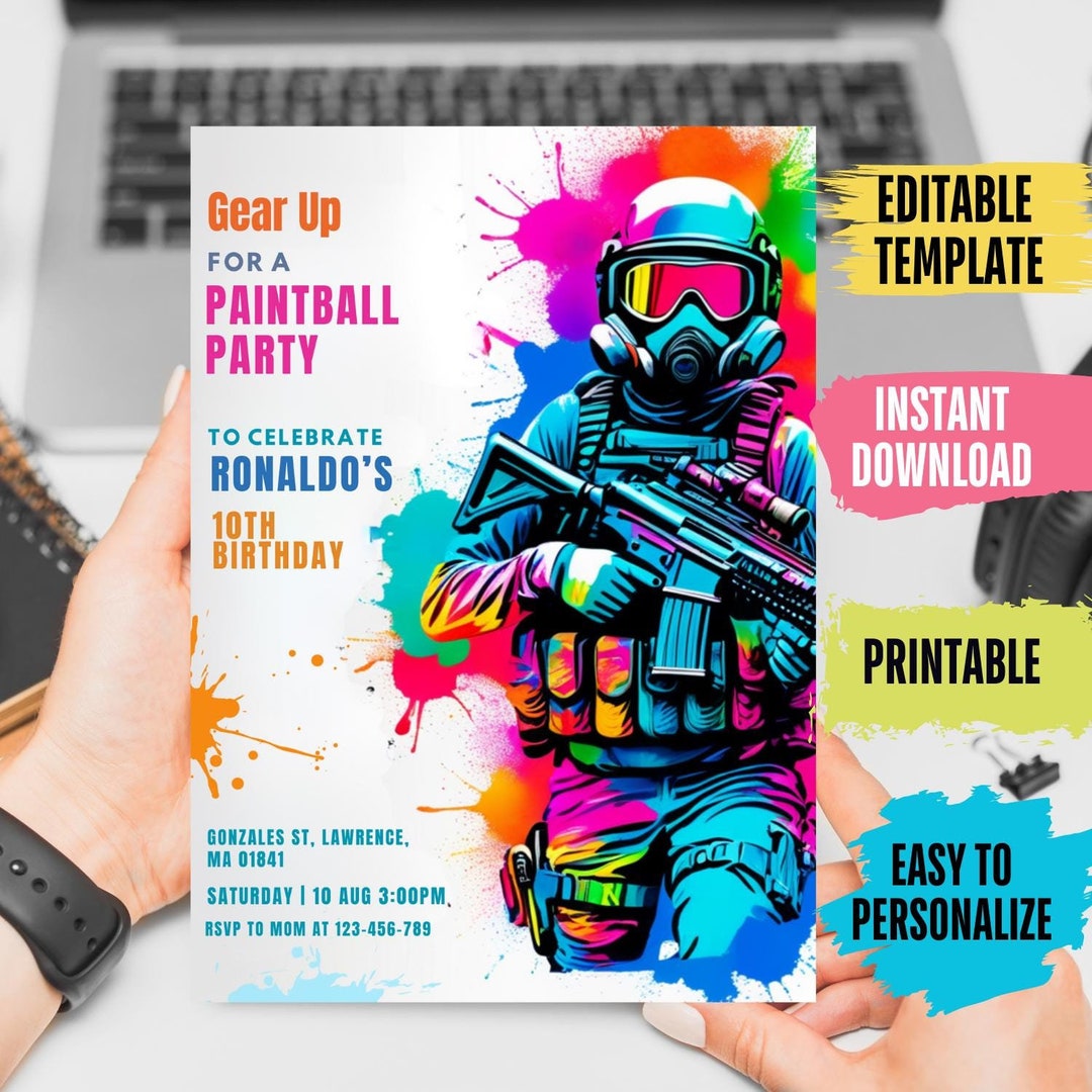 Editable Paintball Party Invitation, Paintball Birthday Invite, Kid ...